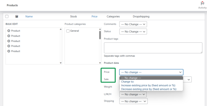 WooCommerce bulk price update programmatically & with a plugin