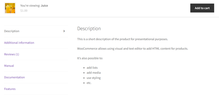 WooCommerce product tabs (default or custom ones)